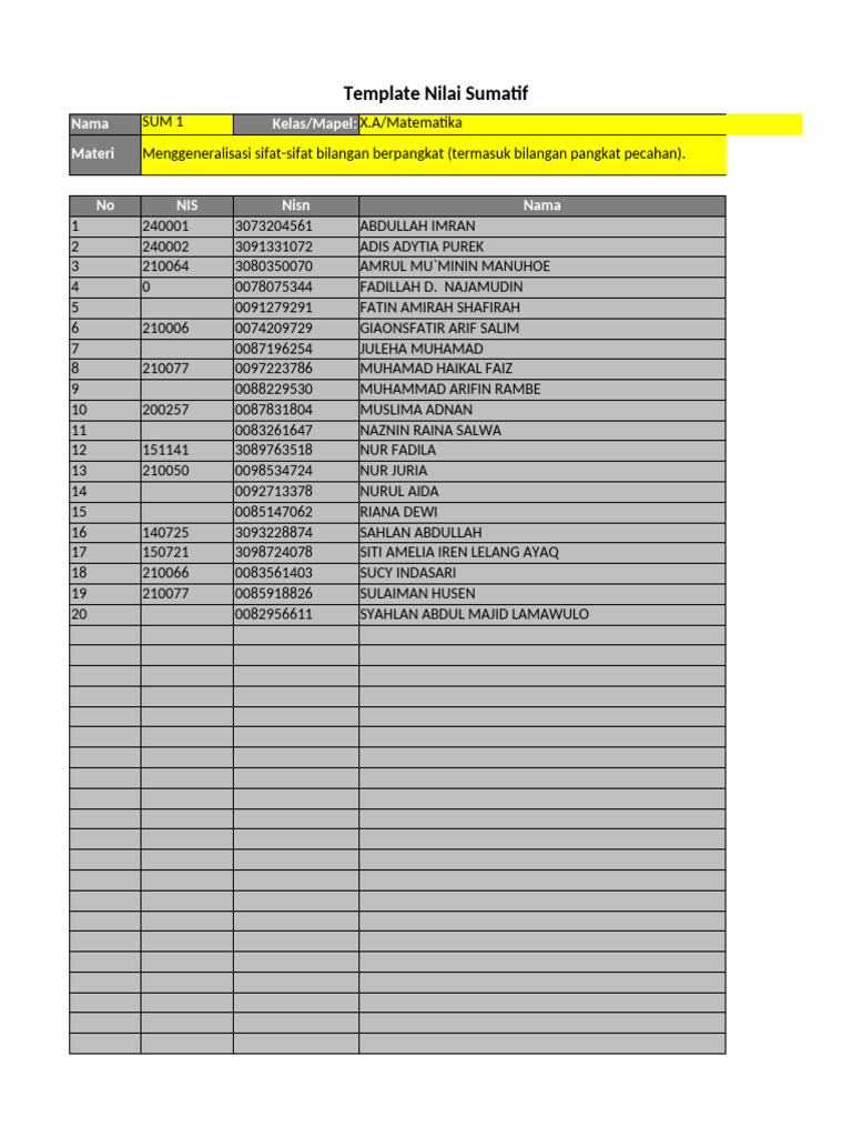 Template Nilai Sumatif-X.A-Matematika | PDF