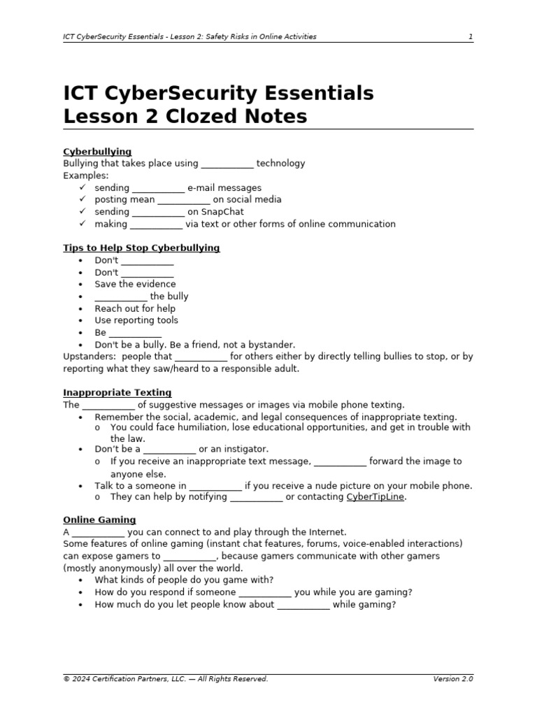 ICT Cyber Security Cloze Notes Lesson 2-Handout | PDF