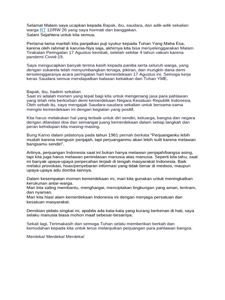 contoh sambutan ketua RT pada malam tirakatan 1 | PDF