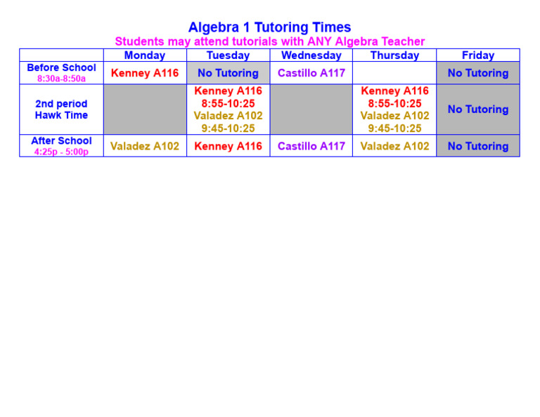 Tutoring Schedule Algebra 1 Team | PDF