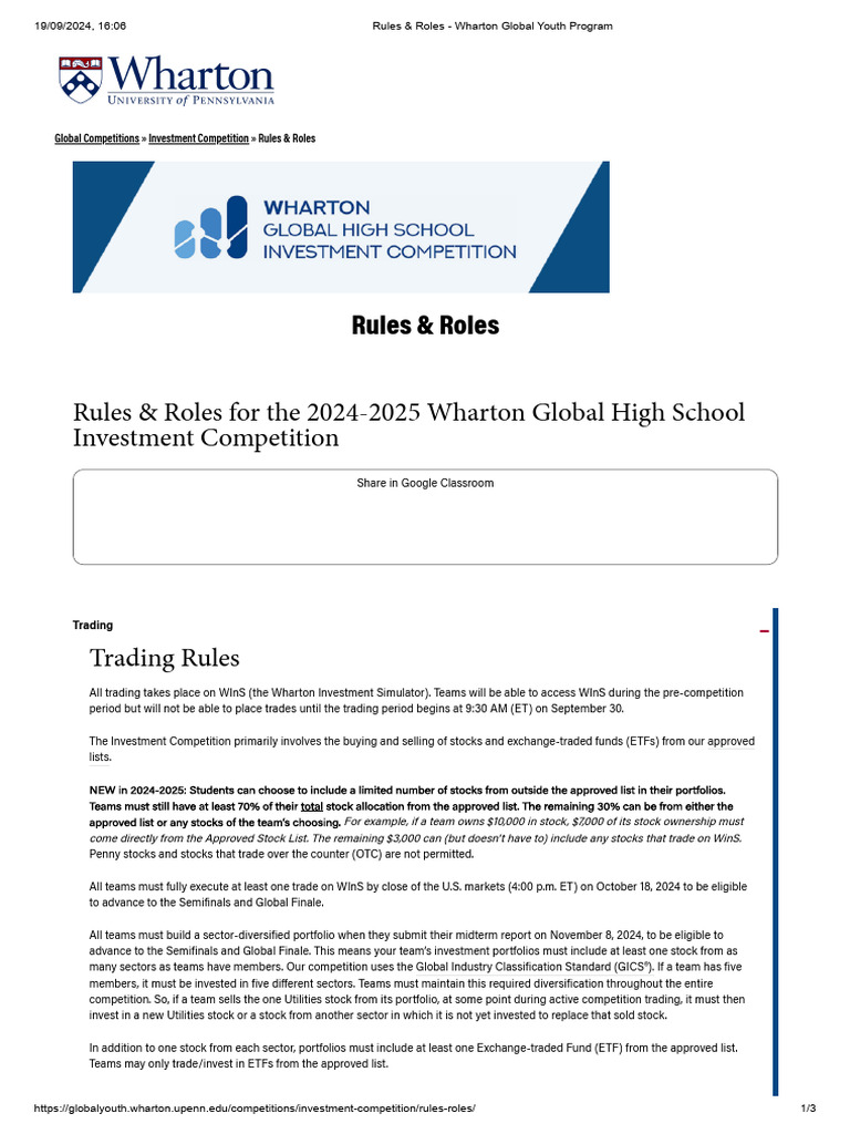 Rules & Roles - Wharton Global Youth Program | PDF | Exchange Traded Fund | Stocks