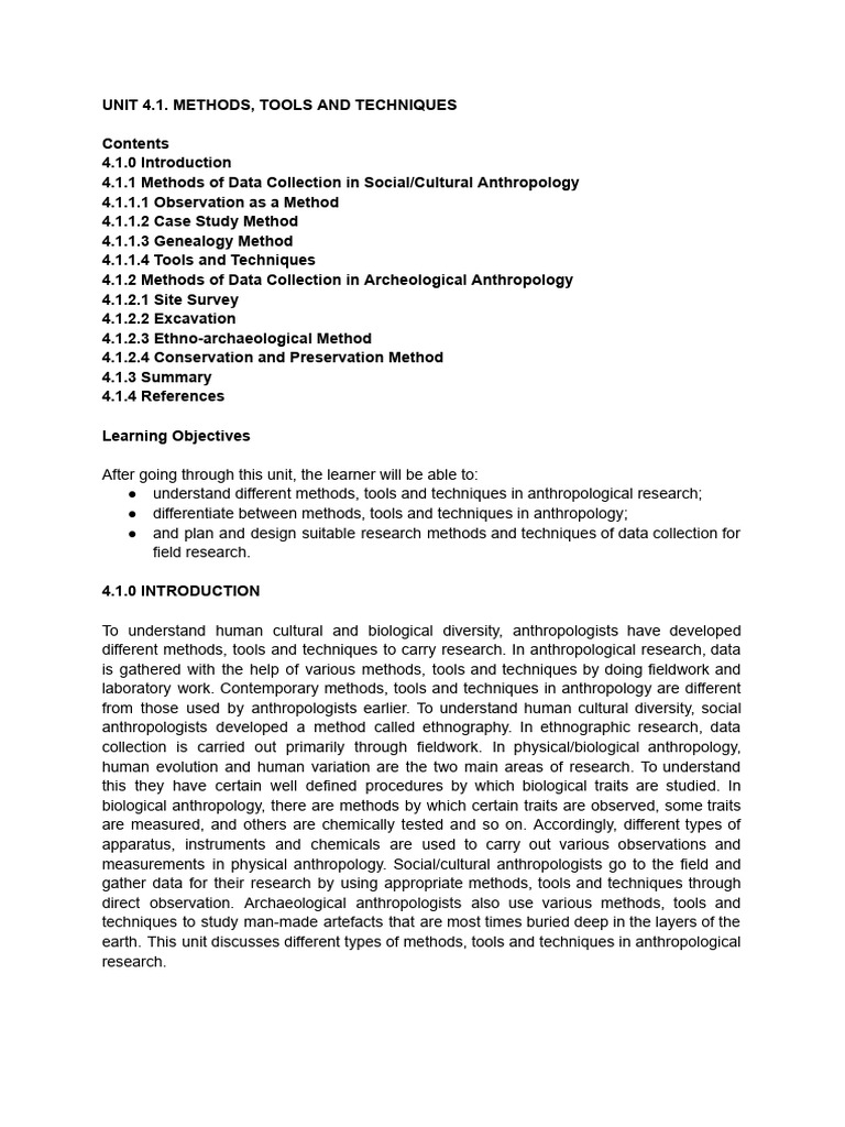 Unit 4.1. Methods, Tools and Techniques | PDF | Anthropology | Field ...