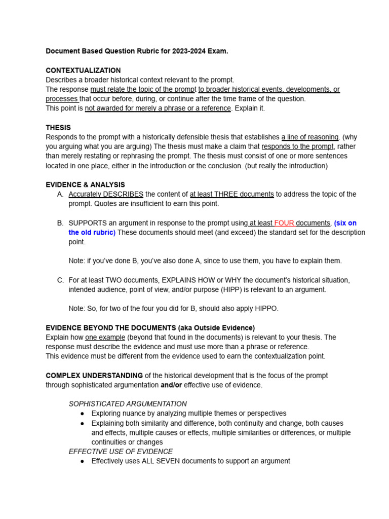 Document Based Question Rubric for 2023-2024 Exam | PDF | Argument ...