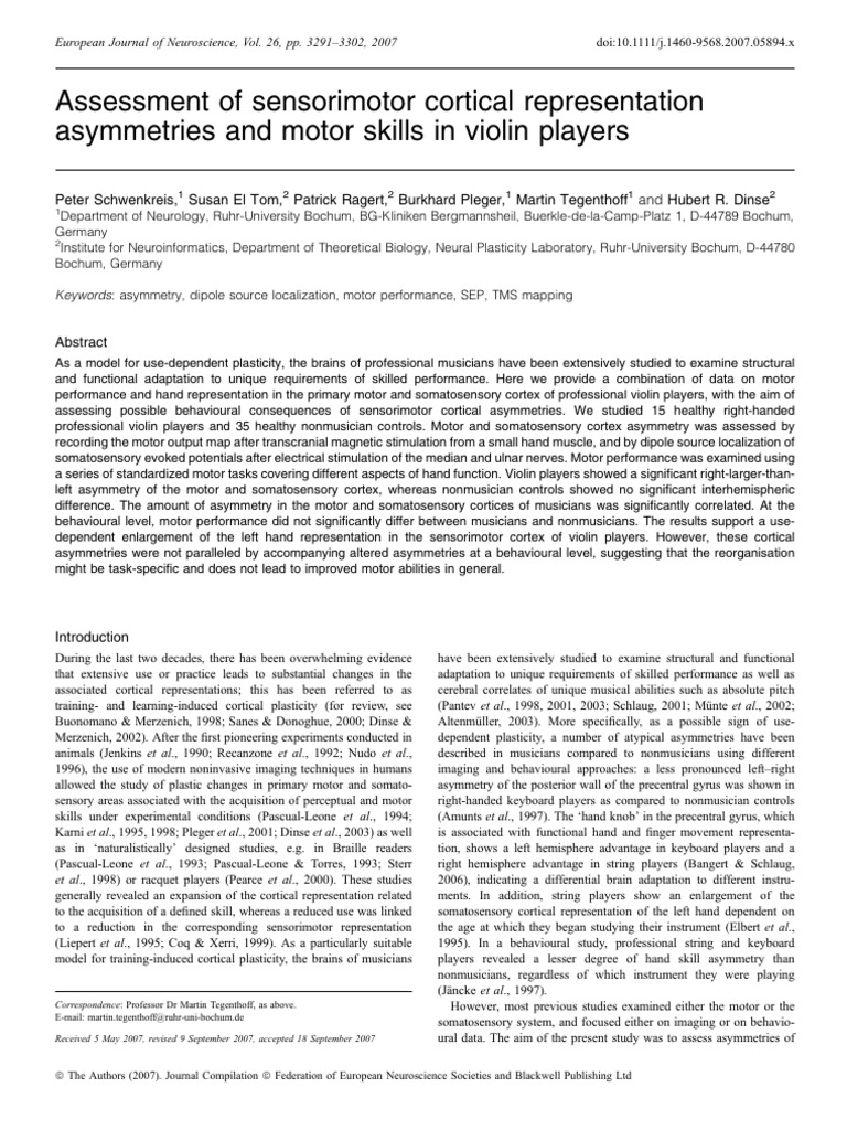 Assessment of Sensorimotor Cortical Representation in Violin Players | PDF | Electromyography ...