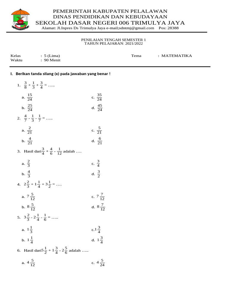 Soal PTS Matematika 5 Semester 1 K13 | PDF