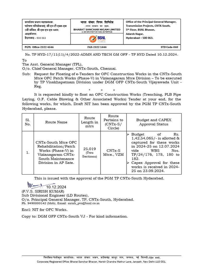 Lr. to AGM (TPL) CNTx-S CO - Request for Floating of E-Tenders for the ...