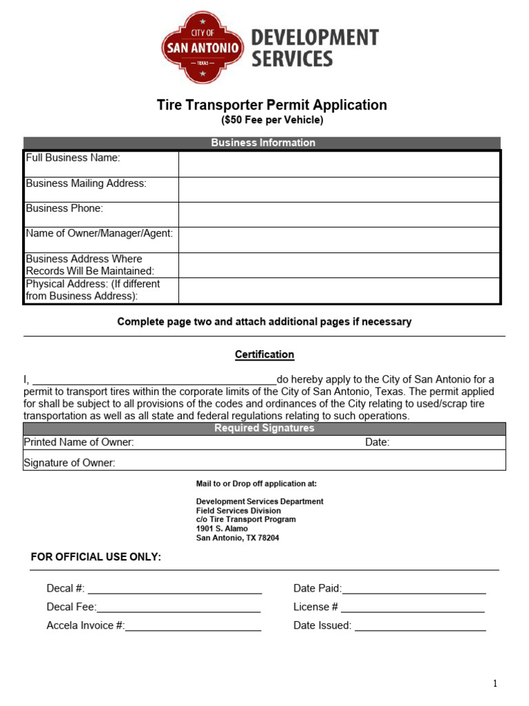 Tire Transporter Permit Application: ($50 Fee Per Vehicle) | PDF ...