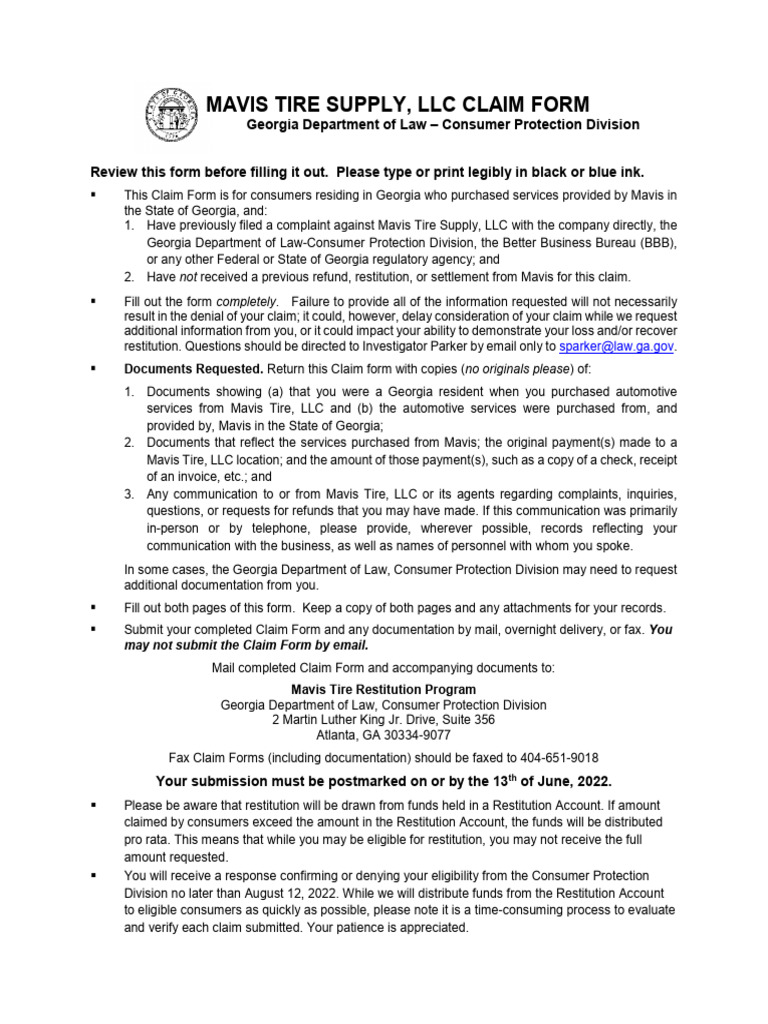 Georgia Mavis Tire Claim Form | PDF | Complaint