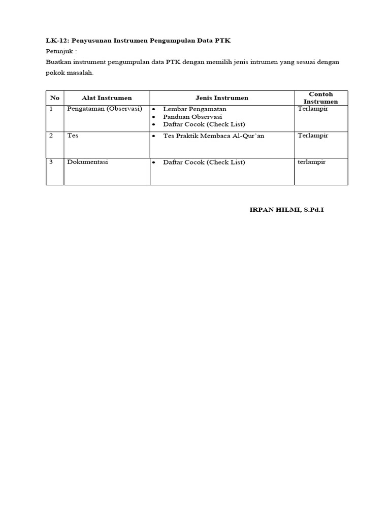 LK 12 Penyusunan Instrumen PTK | PDF