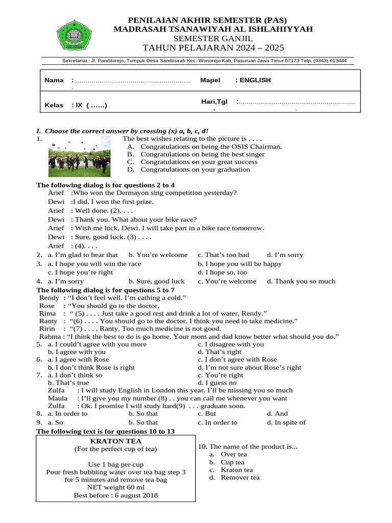 Pas English Ganjil 9 2024 | PDF