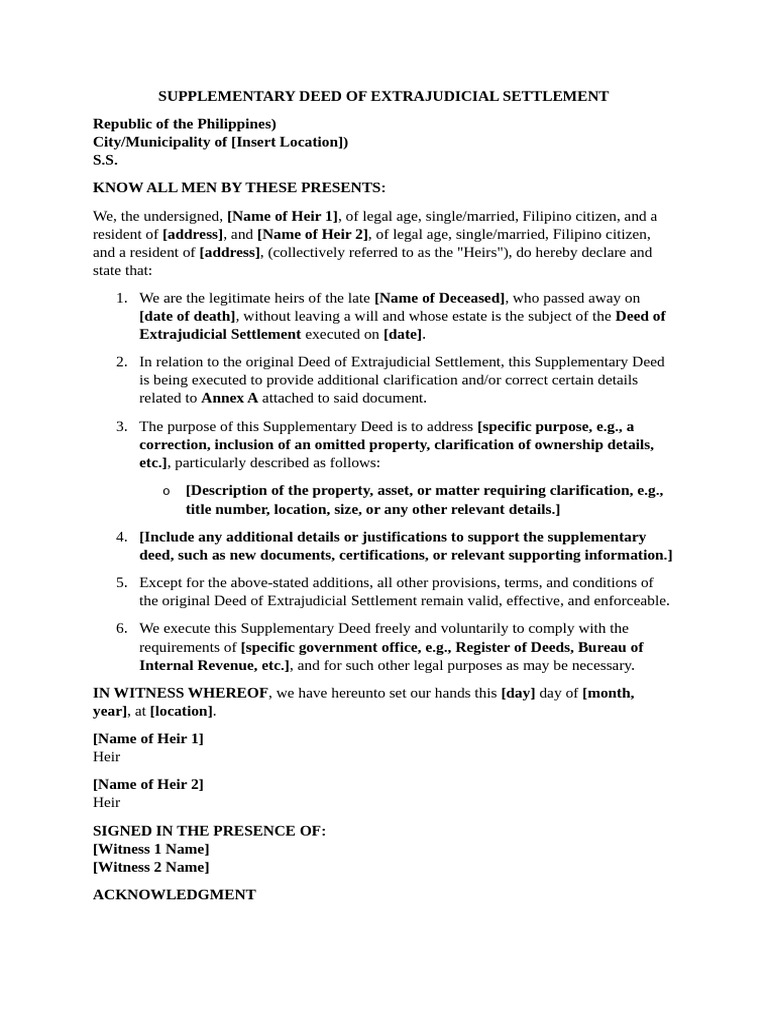 Supplementary Deed of Extrajudicial Settlement Sample | PDF | Deed | Government