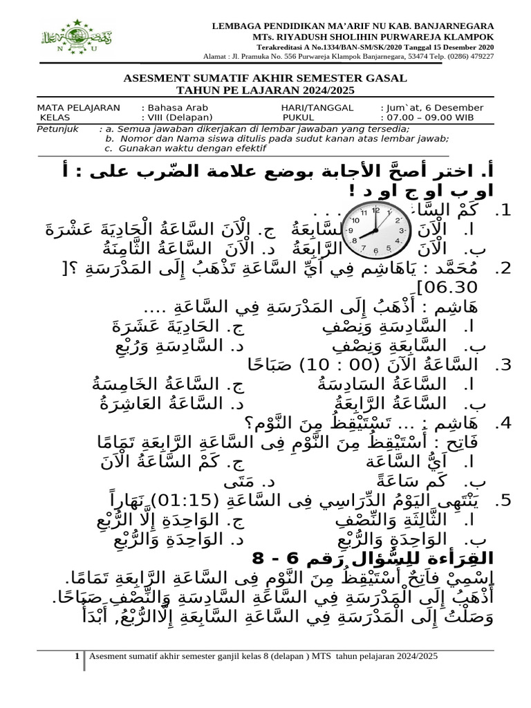 Soal ASG Bahasa Arab 8 Edit | PDF