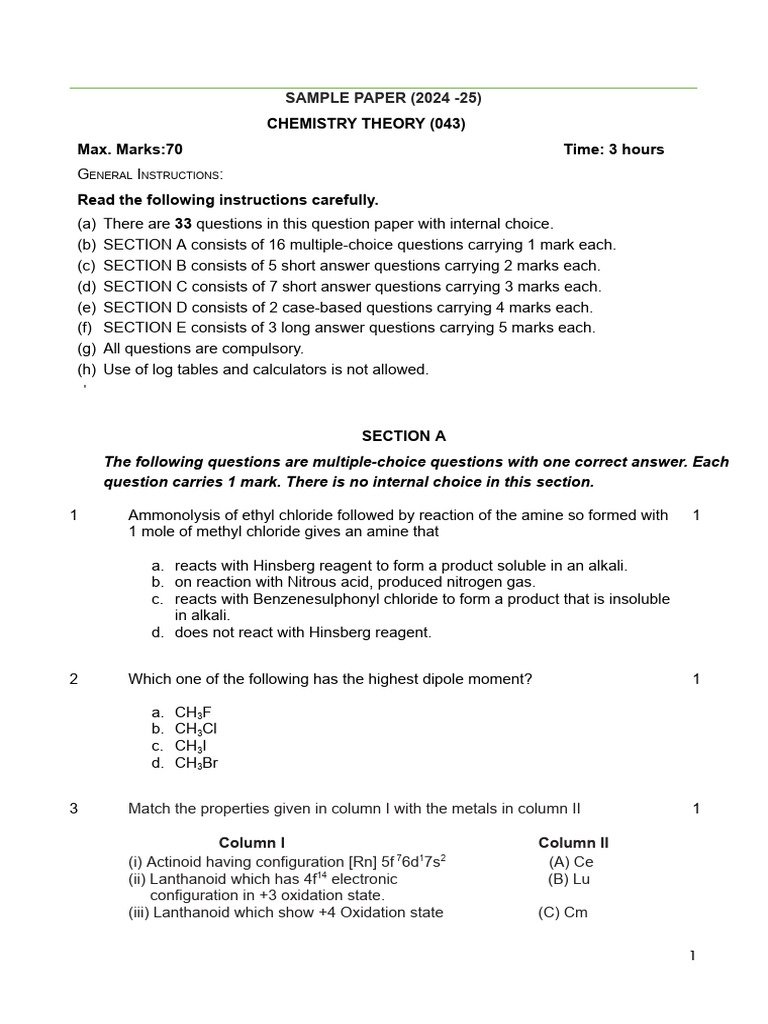 XII Chem 2025 Model Papers | PDF | Chemical Reactions | Chemical Compounds