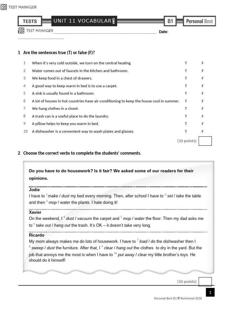 Personal Best B1 AmE Unit 11 Vocabulary Test | PDF