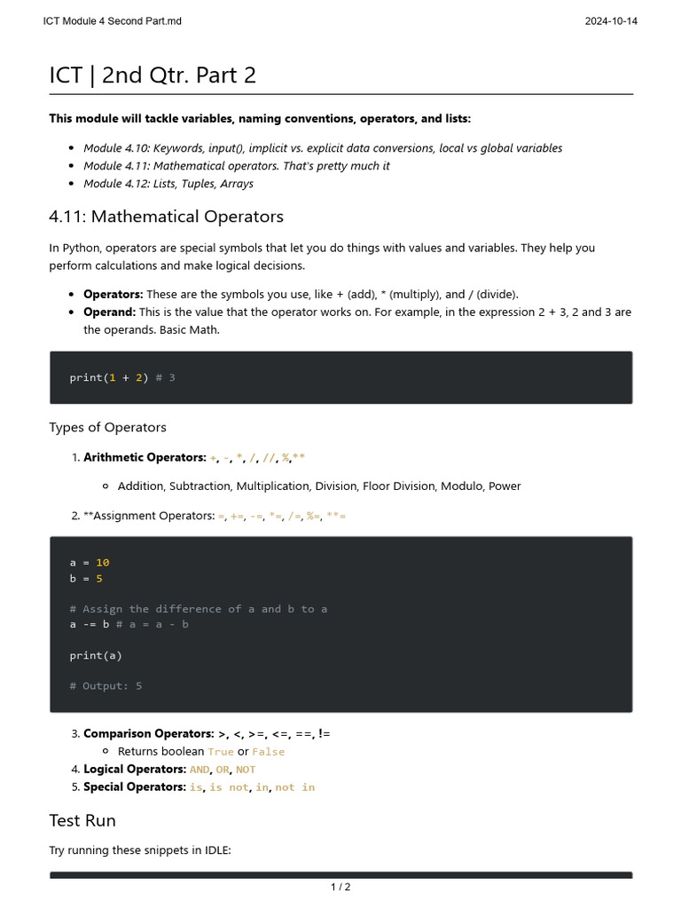 Python Operators & Data Structures | PDF