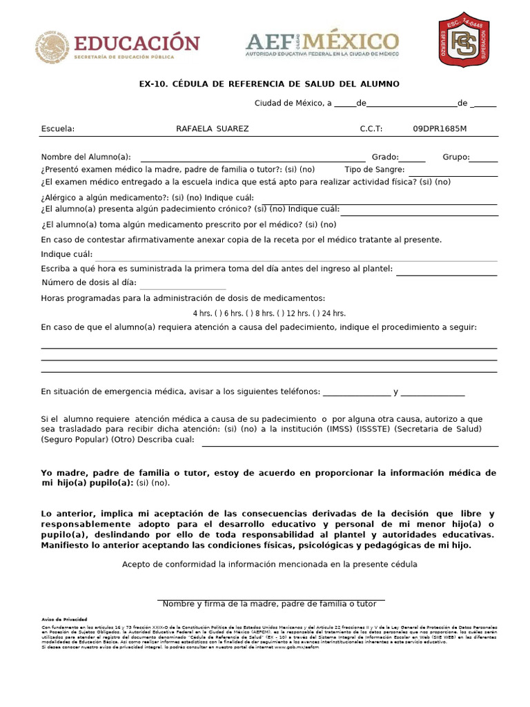 EX-10. CÉDULA DE REFERENCIA DE SALUD DEL ALUMNO 2024-2025 | PDF | Privacidad | Medicamentos con ...