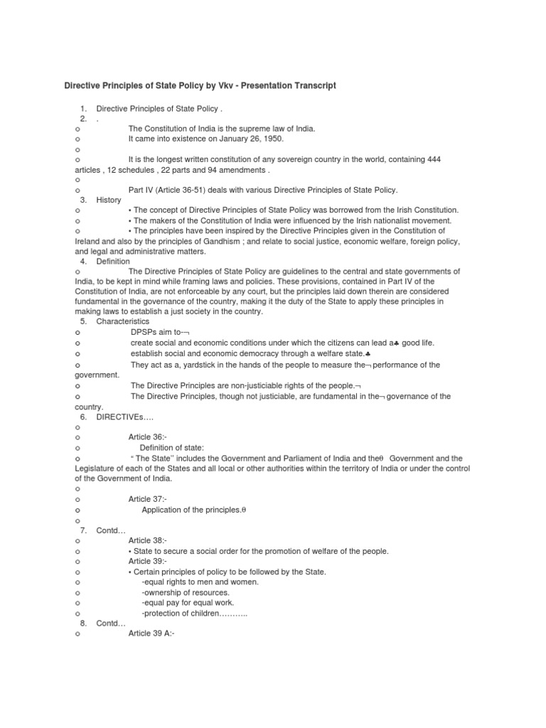 Directive Principles of State Policy Overview | PDF | Sources Of Law ...