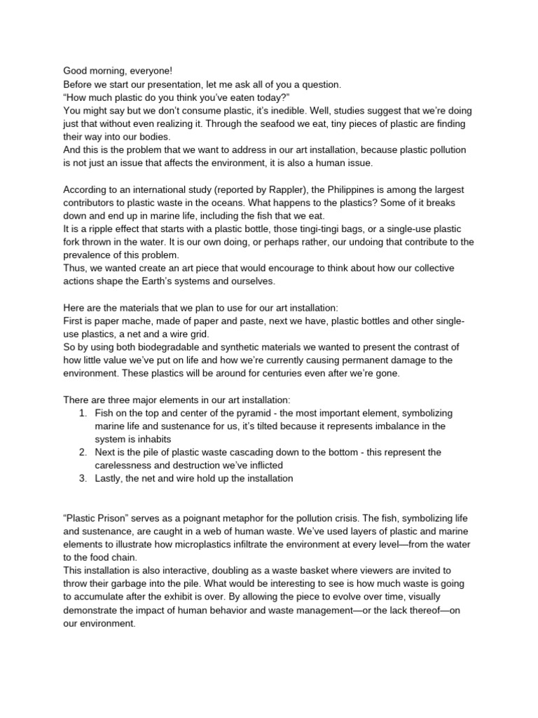 Arts Presentation Script | PDF | Plastic | Environment
