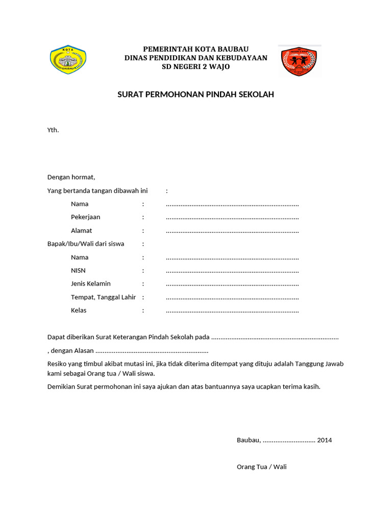 Surat Permohonan Pindah Sekolah | PDF