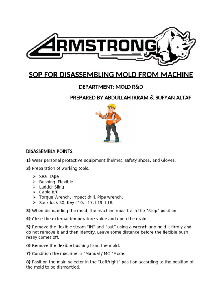 Sop For Disassembling Mold Machine (R&D) | PDF