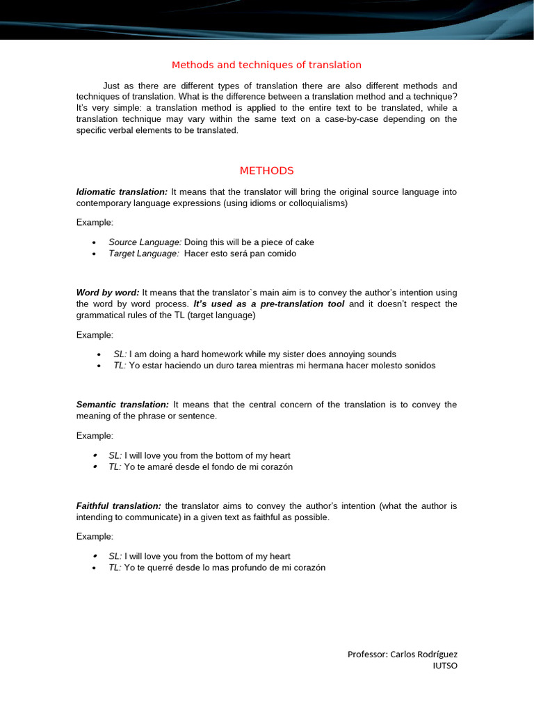 Translation Methods and Techniques Explained | PDF | Translations | Idiom