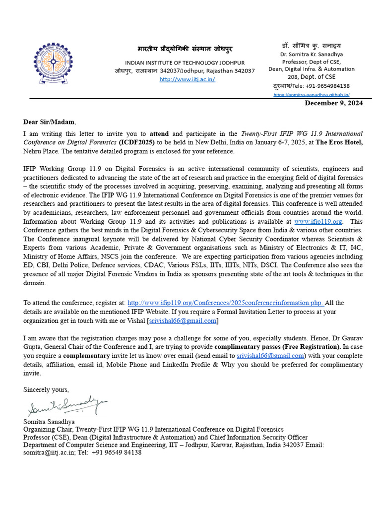 IFIP 11.9 Digital Forensic Conference 6-7 Jan, 2025 Invitation | PDF ...