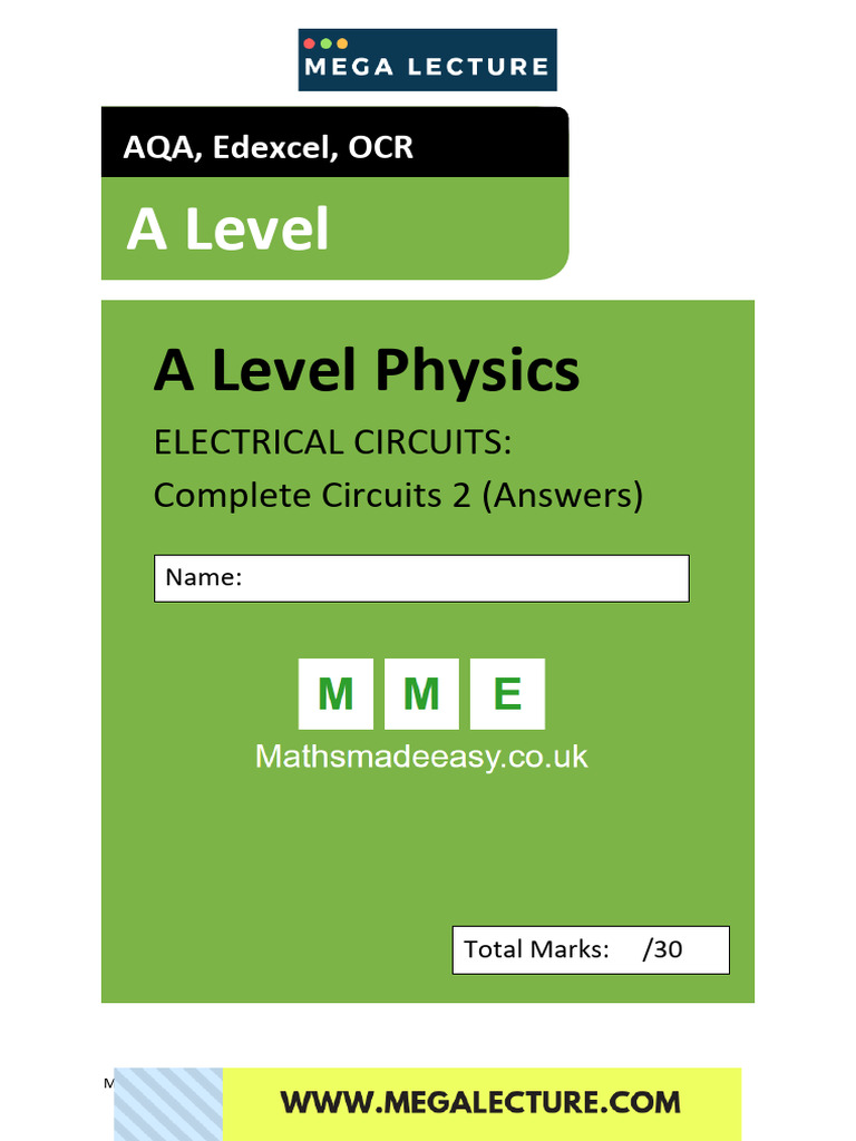 As Physics Electricity Complete Circuits 2 Answers AQA Edexcel OCR ...