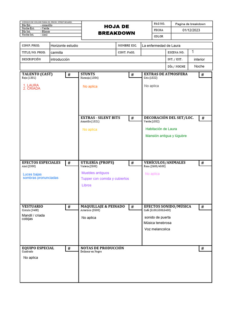 HOJA DE BREAKDOWN Carmilla Escena1 | PDF | Ligero | Diseño gráfico