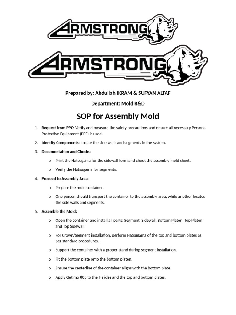 SOP For Assembly Mold: Prepared By: Abdullah IKRAM & SUFYAN ALTAF Department: Mold R&D | PDF