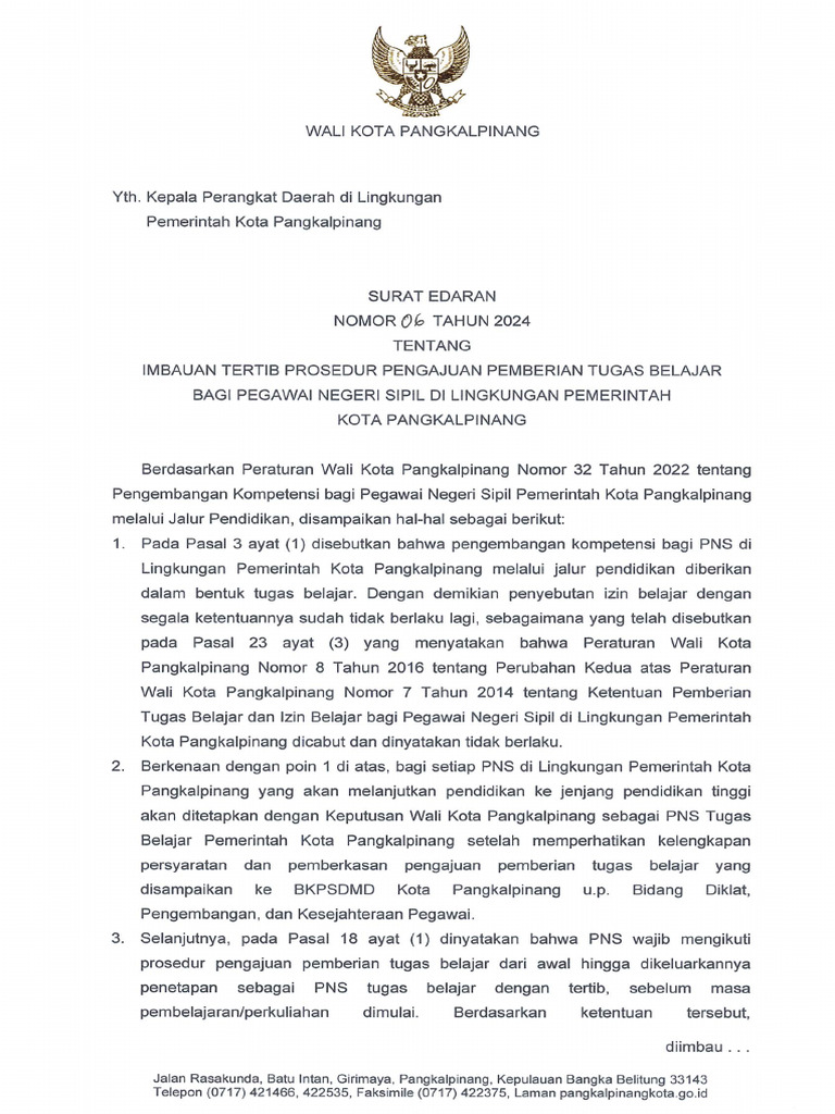 Surat Edaran Tentang Imbauan Tertib Prosedur Pengajuan Pemberian Tubel Bagi PNS | PDF