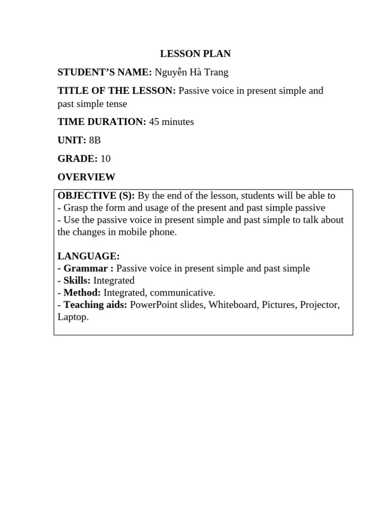 Passive Voice Lesson Plan Grade 10 | PDF