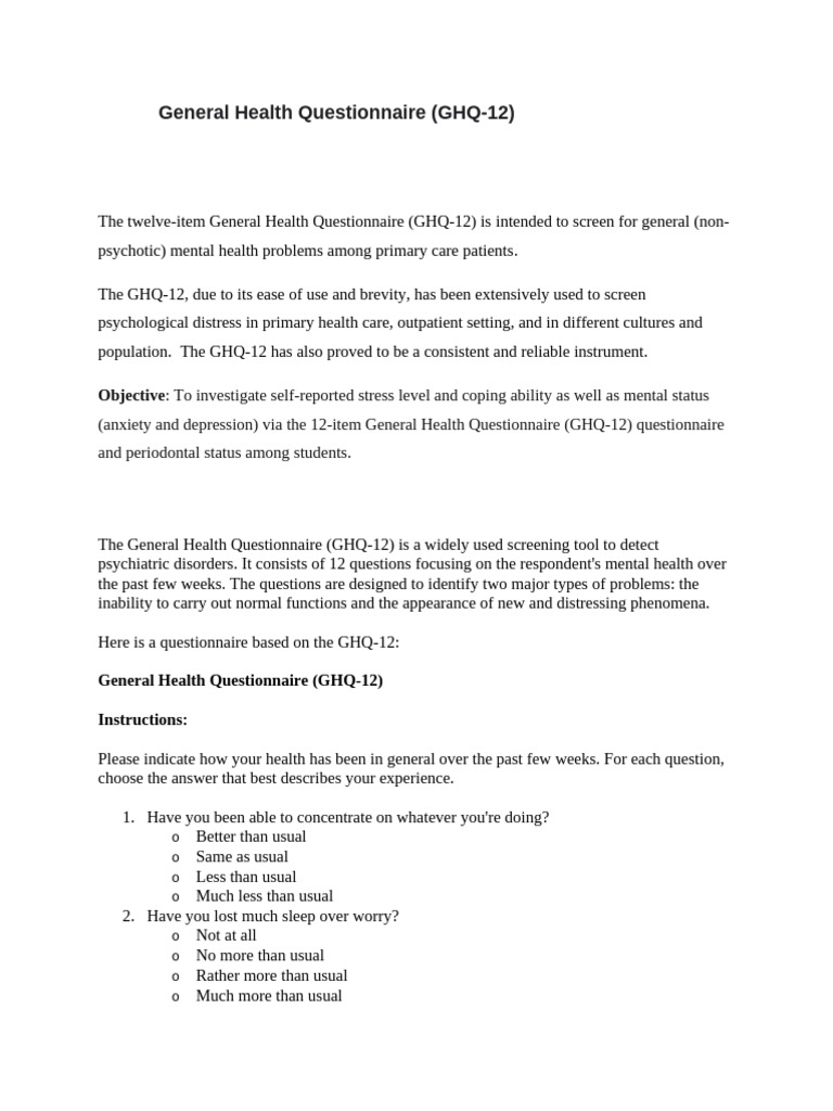 General Health Questionnaire | PDF | Mental Disorder | Mental Health