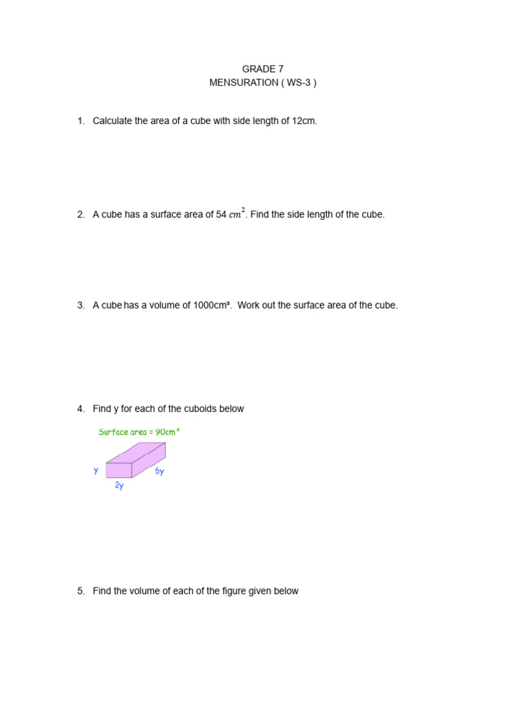 Grade 7 Mensuration Worksheet | PDF