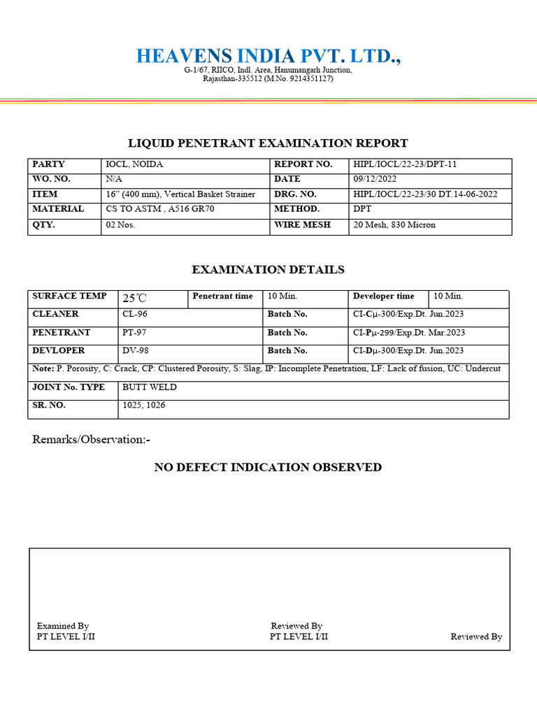 Liquid Penetrant Test Report: No Defects | PDF