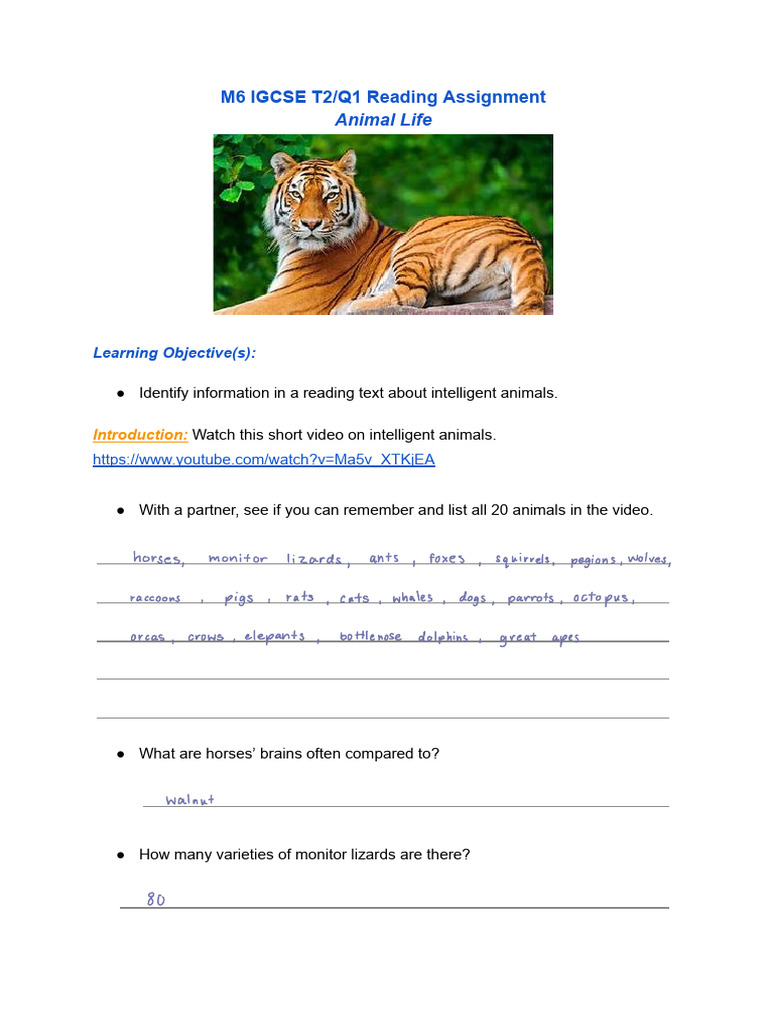 M6 IGCSE - Reading Assignment T2-Q1 - Animal Life | PDF | Zoology ...