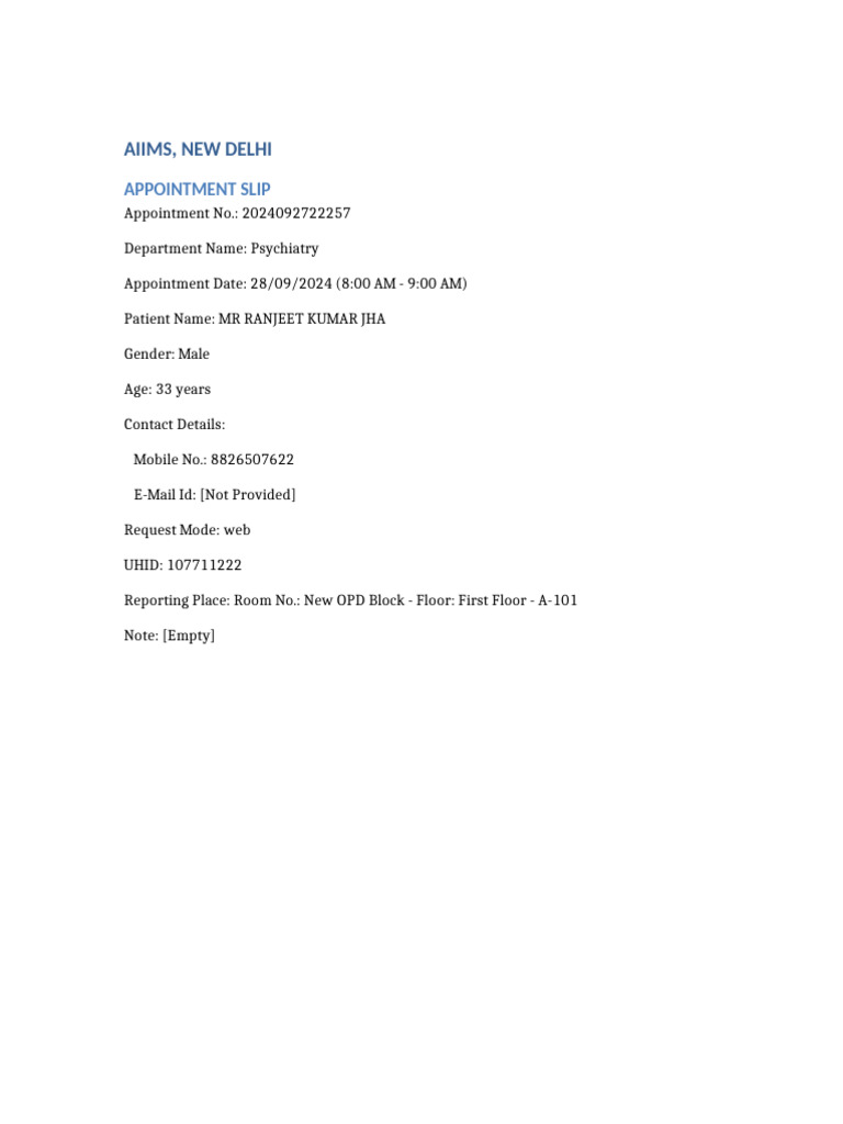 AIIMS Delhi Psychiatry Appointment Slip | PDF