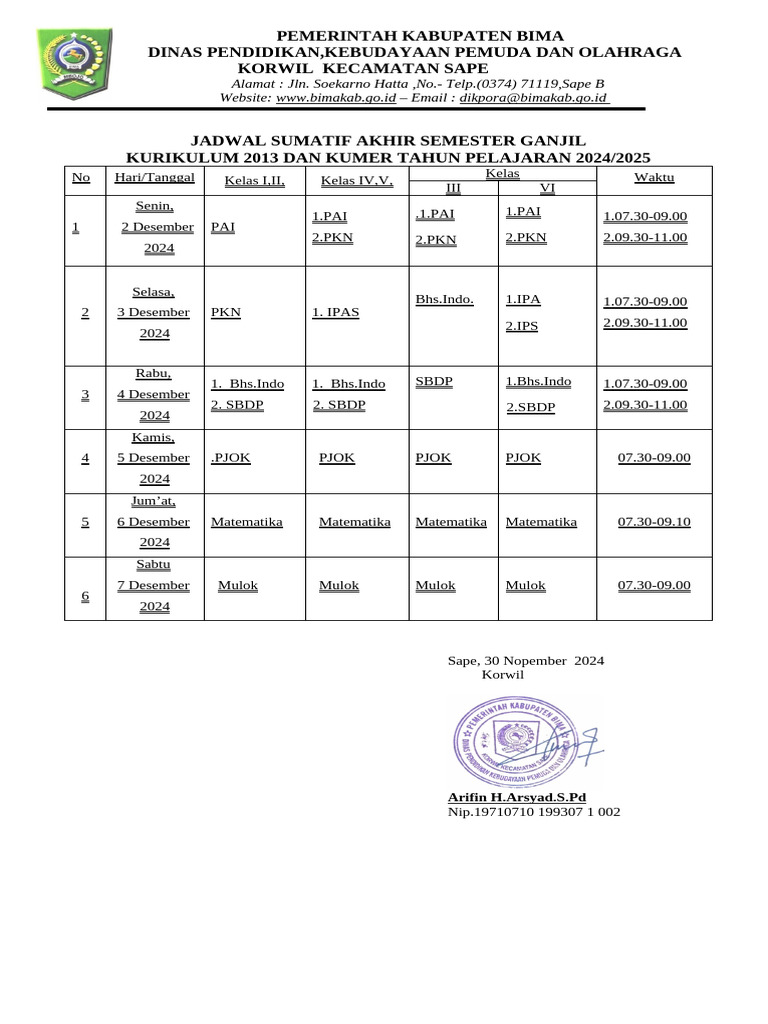 JADWAL SAS GANJIL TAHUN 2024 | PDF
