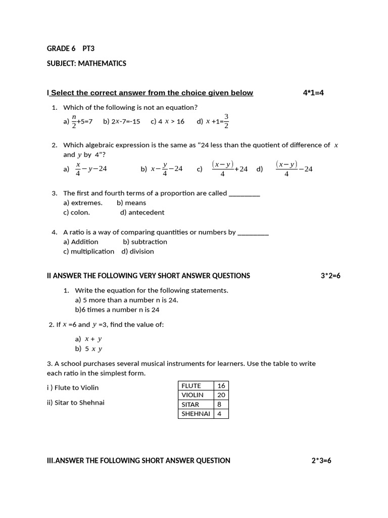 6TH GRADE PT3 MATHEMATICS QUESTION PAPER | PDF | Ratio | Equations