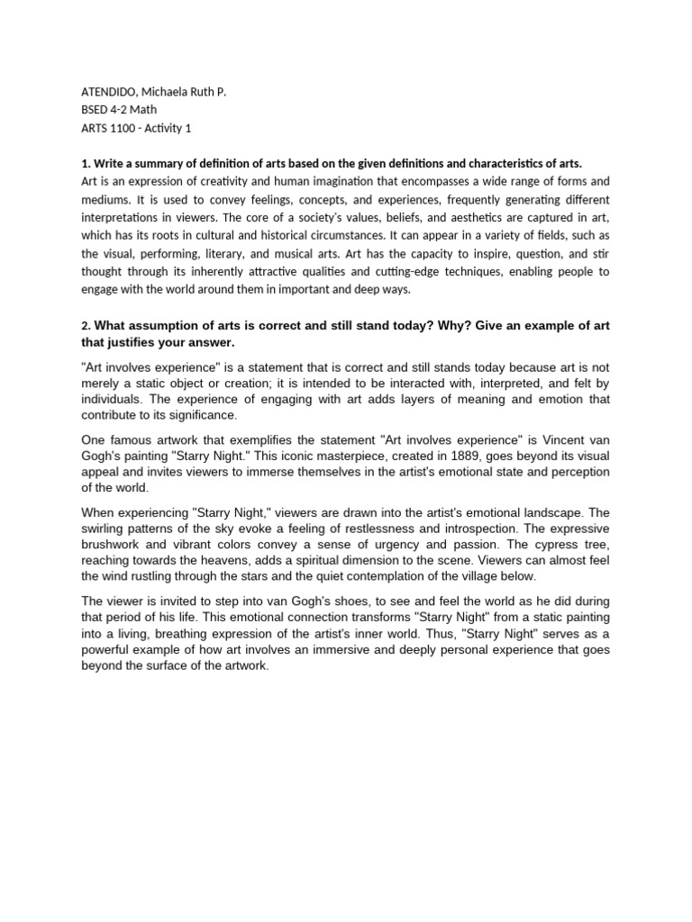 ARTS 1100 - Activity 1 - Atendido | PDF