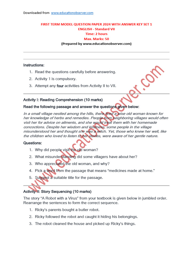 7th English First Term Model Question Paper - English by ...