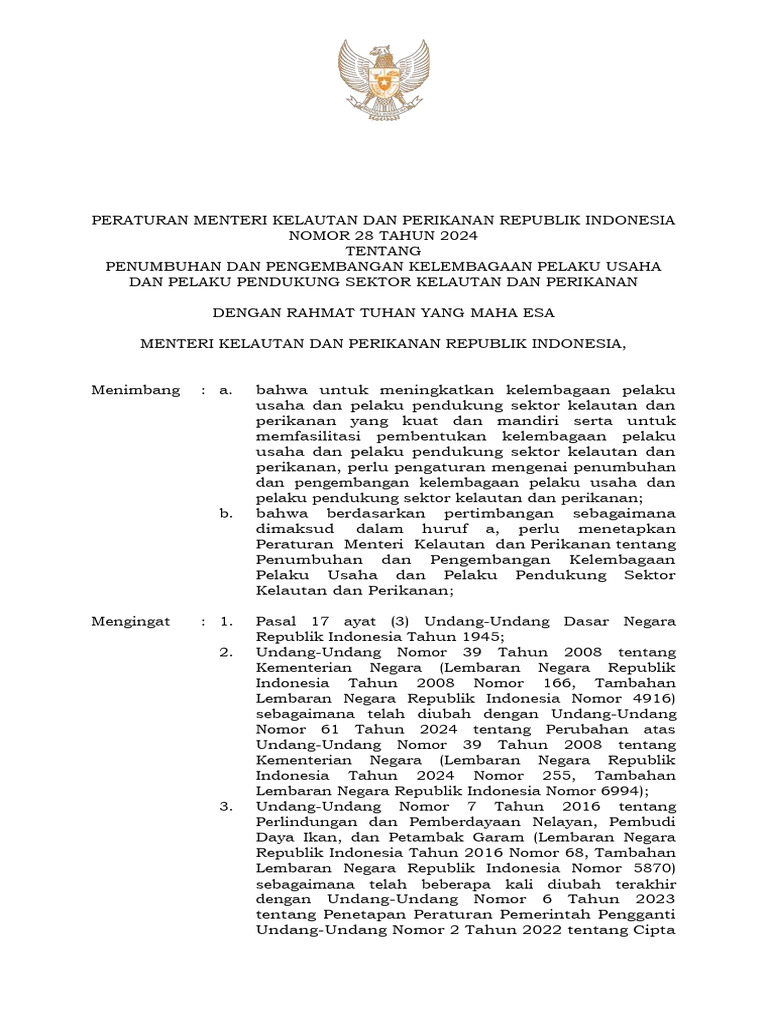 Permen KP No. 28 Tahun 2024 tentang Kelembagaan | PDF