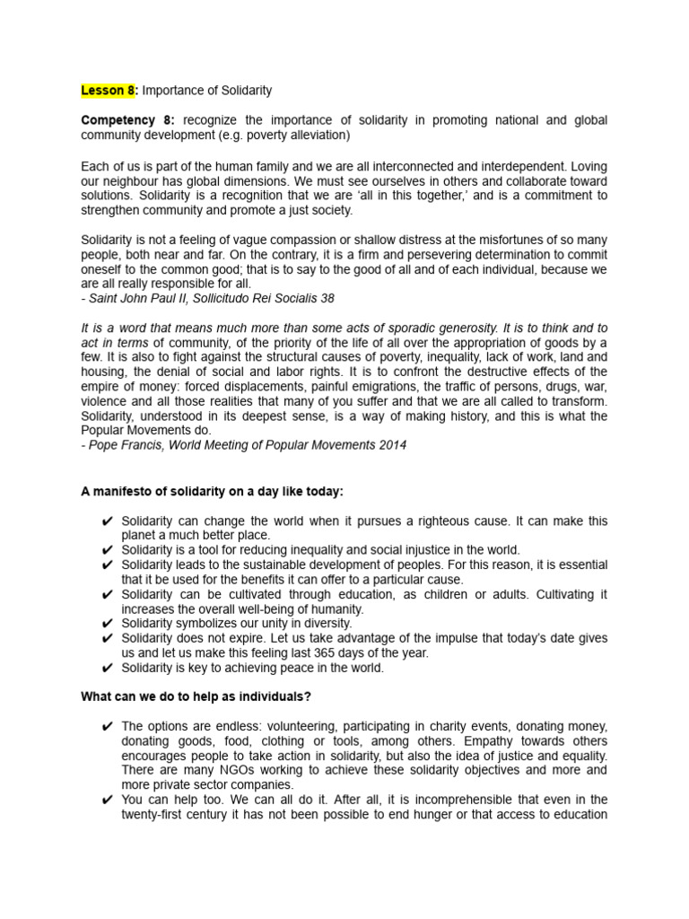 Lesson 8 - Importance of Solidarity | PDF | Solidarity | Social Psychology