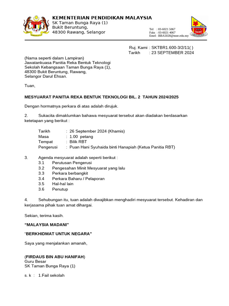 Surat Panggilan Mesyuarat Panitia RBT Kali Ke-2 2024 | PDF