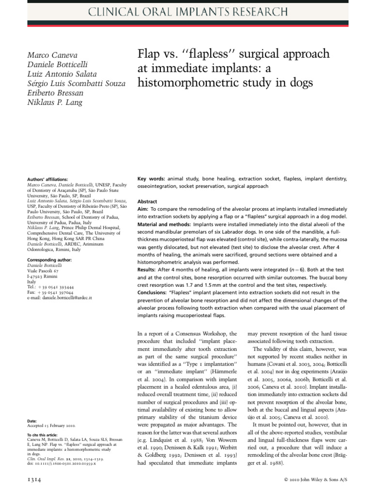 Clinical Oral Implants Res - 2010 - Caneva - Flap vs Flapless Surgical Approach at Immediate ...