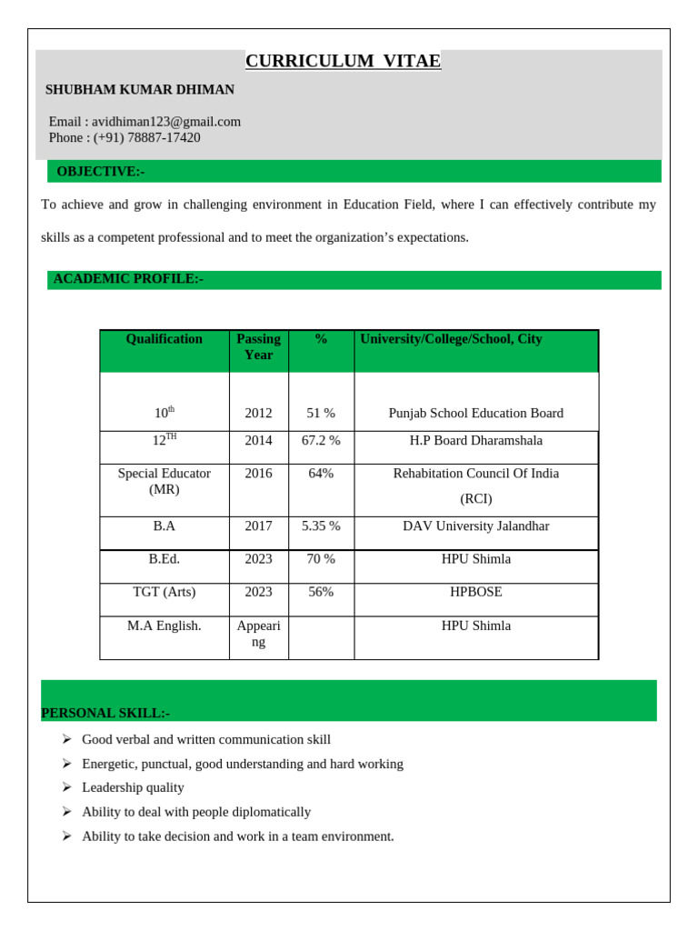 Shubham Kumar Dhiman CV: Education & Skills | PDF
