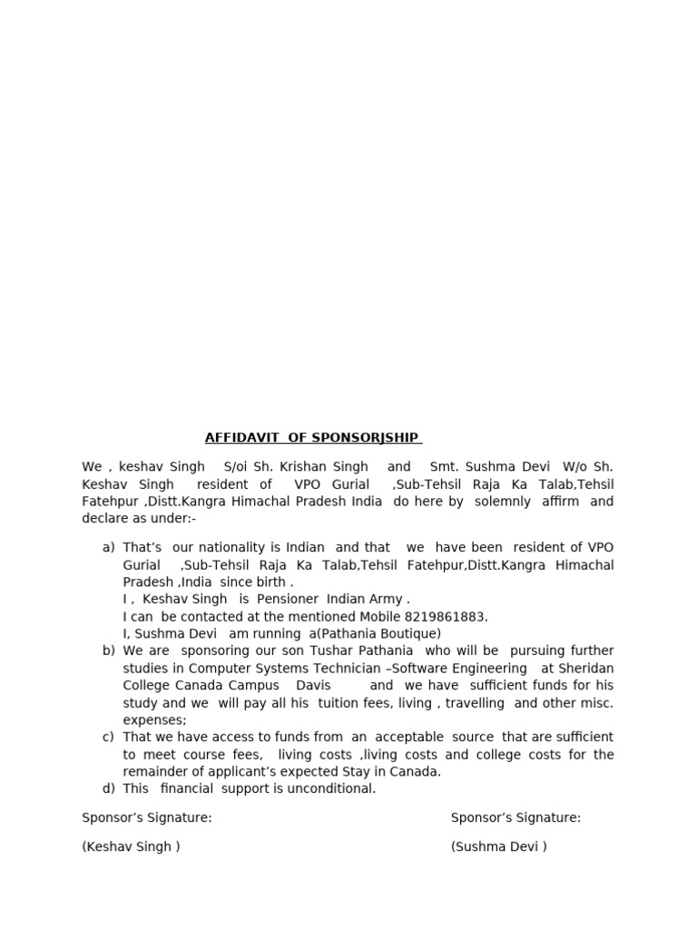 Sponsorship Affidavit for Study | PDF | Affidavit