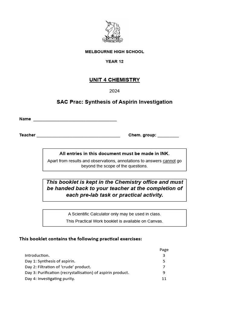 Synthesis of Aspirin Prac Outline 2024 - Final | PDF | Thin Layer Chromatography | Nonsteroidal ...