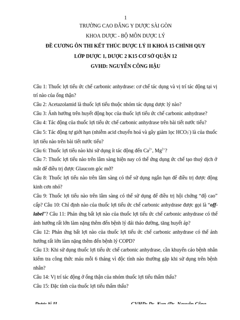 FINAL ĐỀ CƯƠNG ÔN THI KẾT THÚC DƯỢC LÝ II K15 | PDF