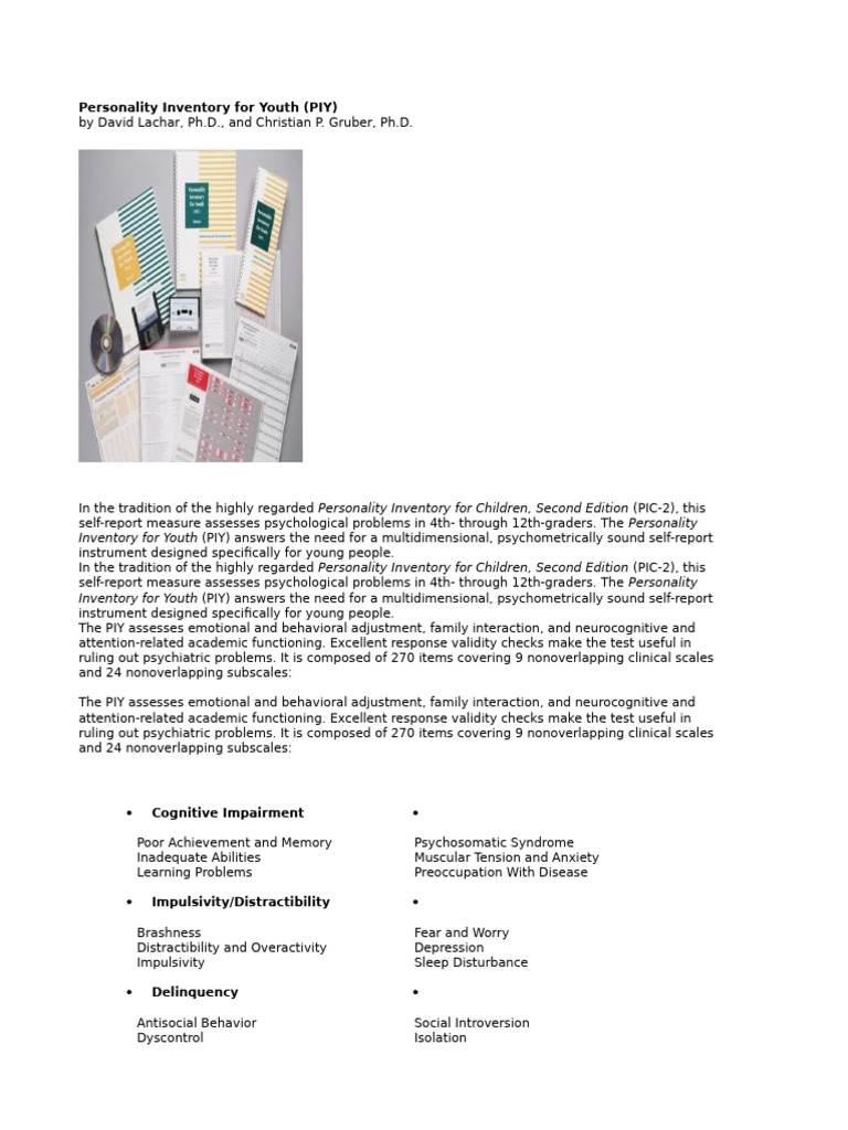 Personality Inventory For Youth (PIY) | PDF | Mental Disorder ...