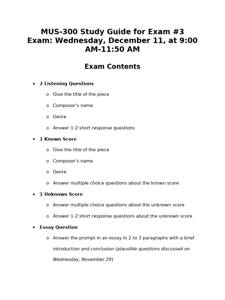 MUS 300 - Study Guide and Listenng List for Exam #3 (Fall 2024) | PDF ...